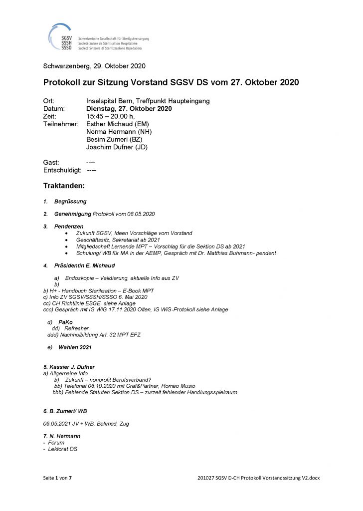 Protokoll zur Sitzung Vorstand SGSV DS vom 27. Oktober 2020 - sssh