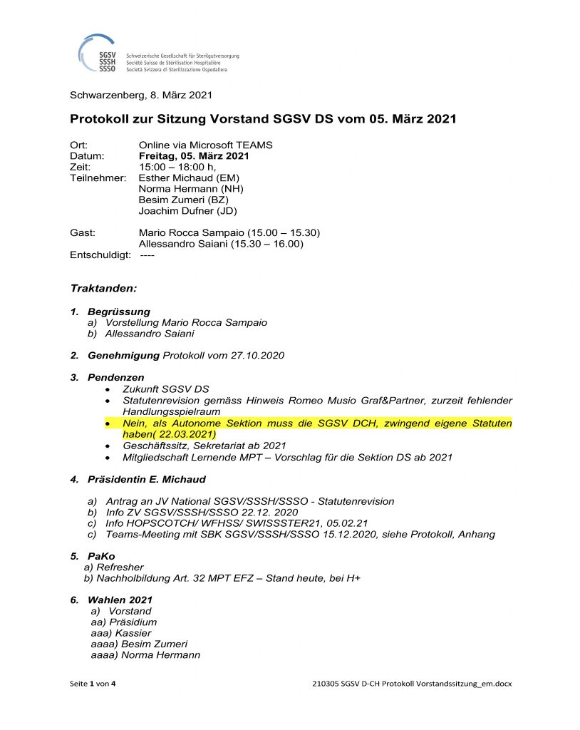 Protokoll zur Sitzung Vorstand SGSV DS vom 05. März 2021 - sssh