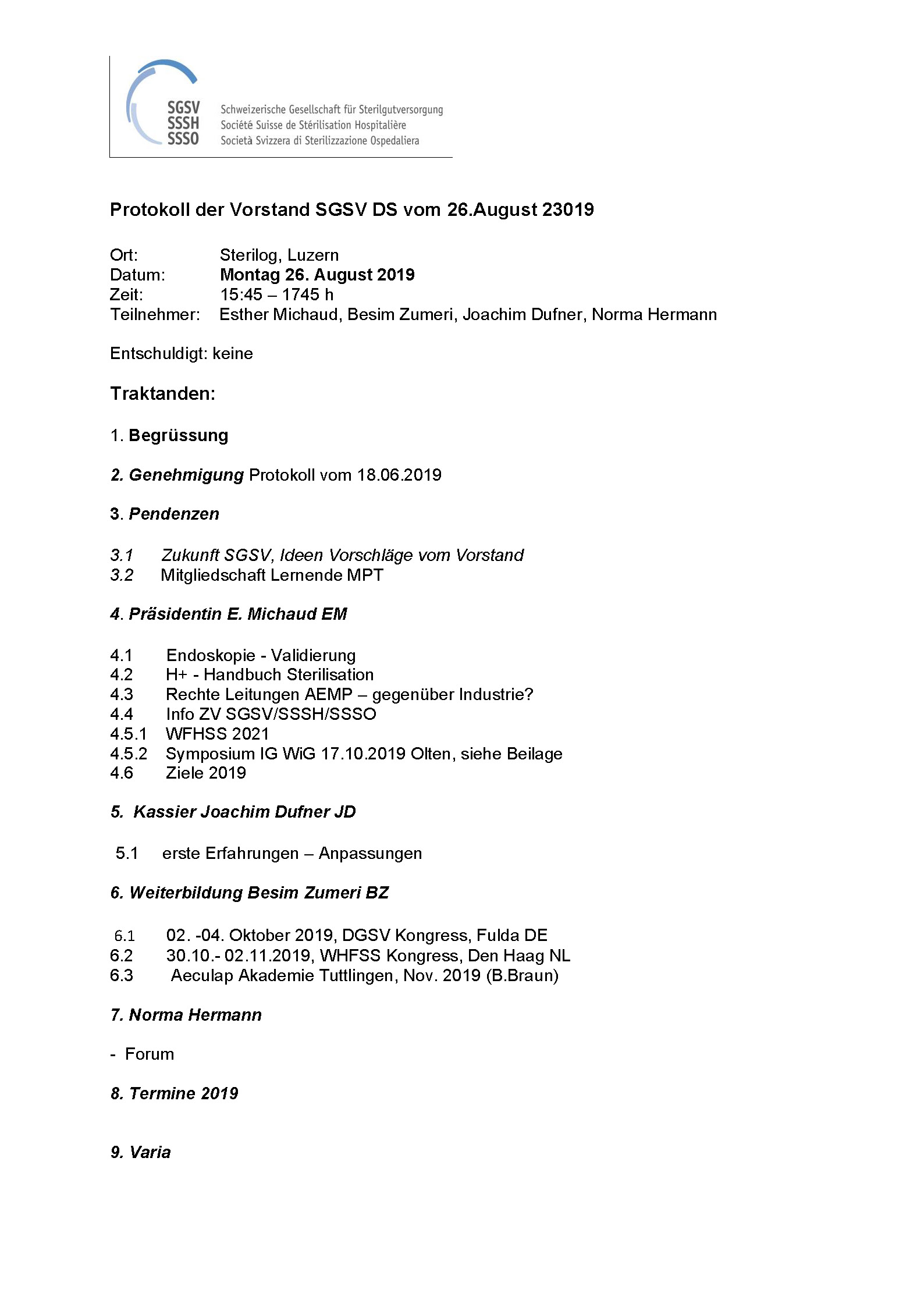 Protokoll der Vorstand SGSV DS vom 26. August 2019 - sssh