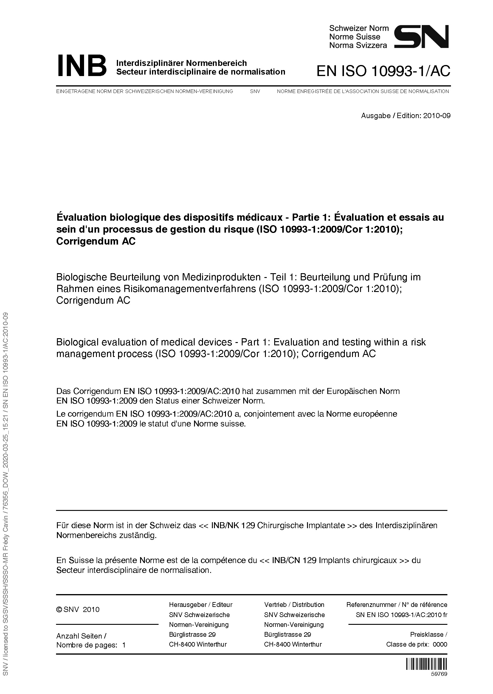 Évaluation biologique des dispositifs médicaux - Partie 1: Évaluation ...